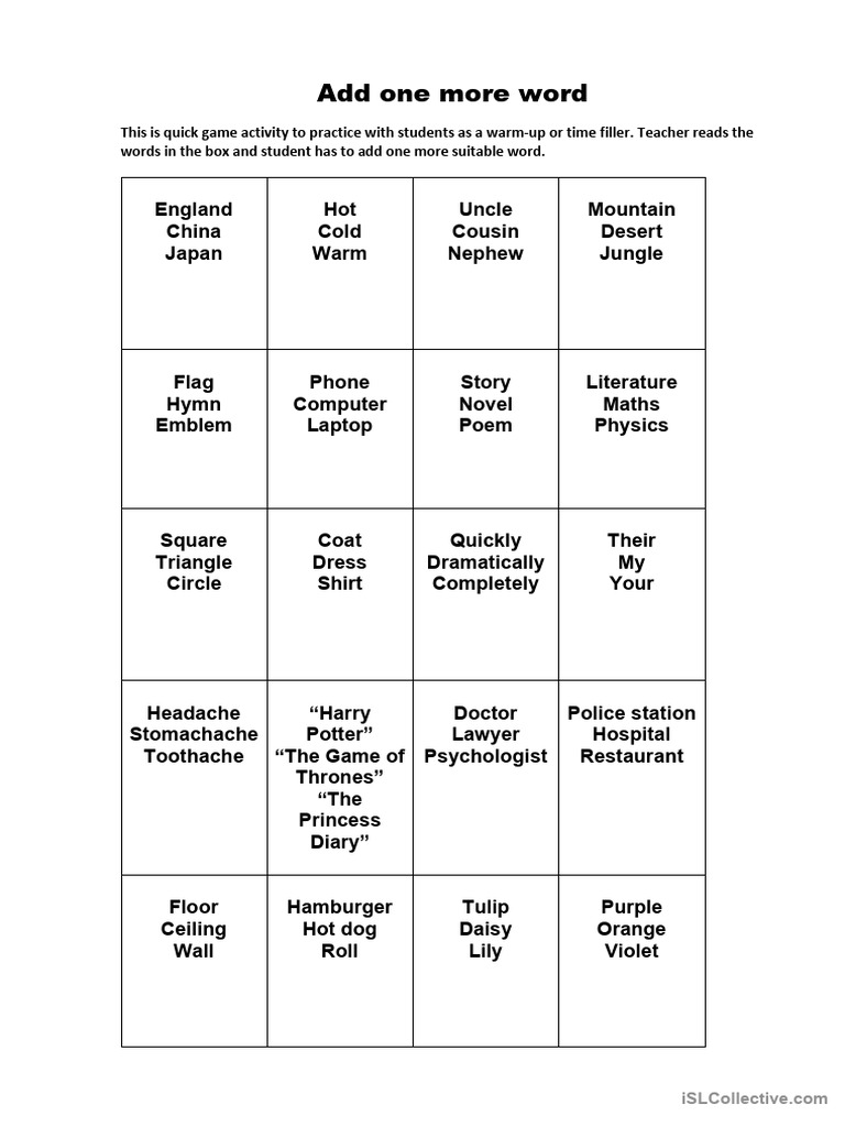 Add ONE More Word Vocabulary Game 3 | PDF