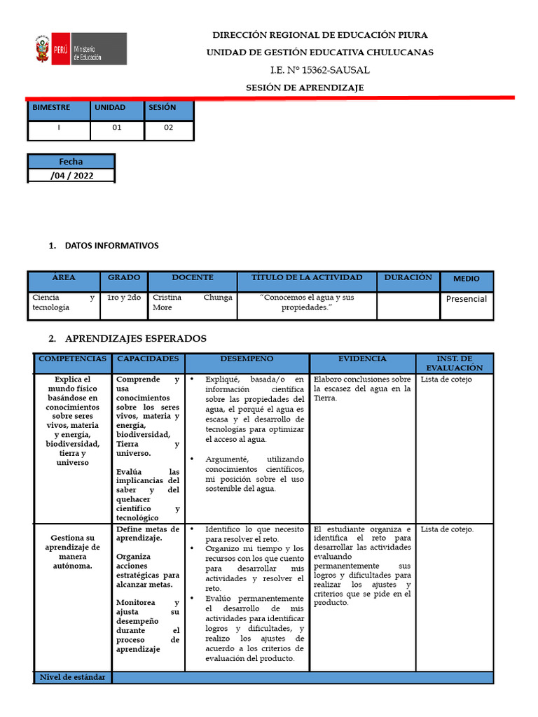 (1y2) 1 Sesión de Cyt #2 | PDF | Agua | Evaluación
