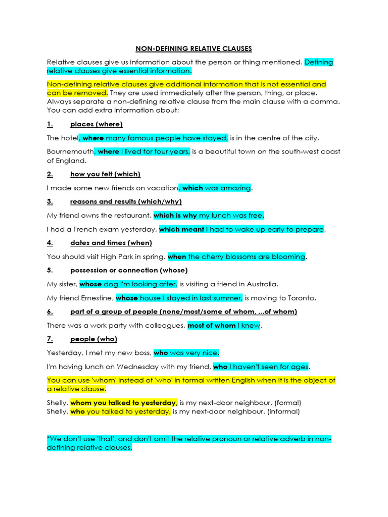 Non-Defining Relative Clauses Explained | PDF