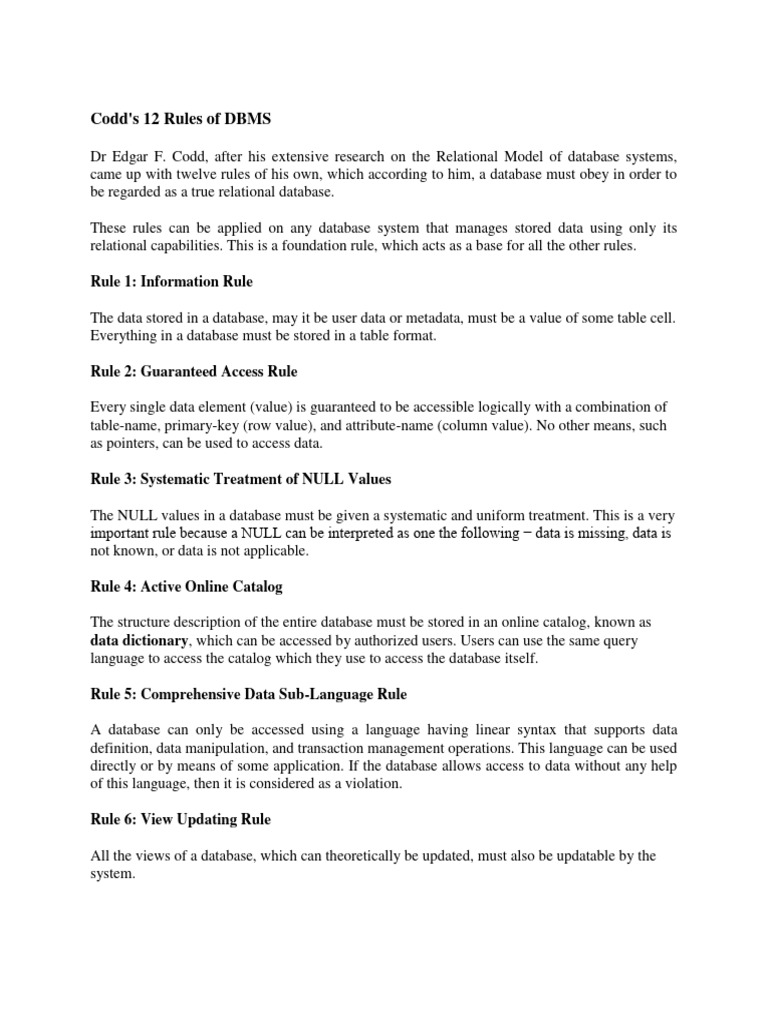 Codd Rules | PDF | Databases | Relational Model