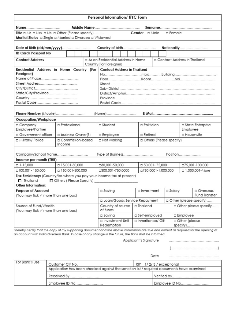 Personal Information/ KYC Form | PDF | Banks | Passbook