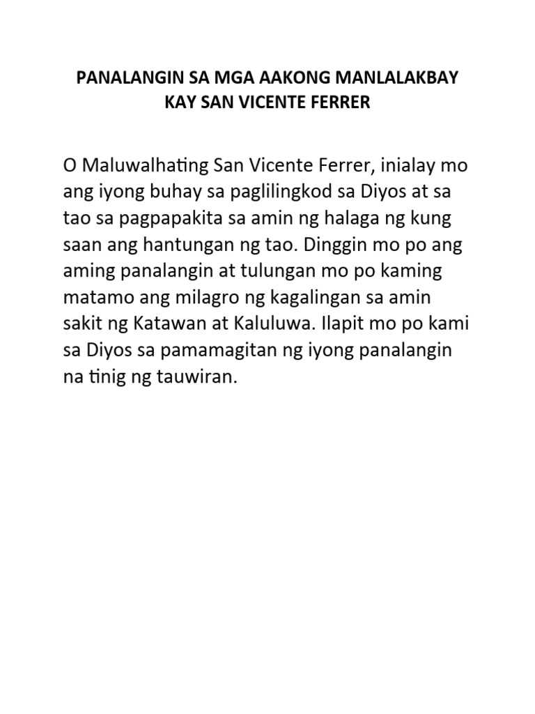 Panalangin Sa Mga Aakong Manlalakbay Kay San Vicente Ferrer | PDF Panalangin Sa Mga Aakong Manlalakbay Kay San Vicente Ferrer | PDF
