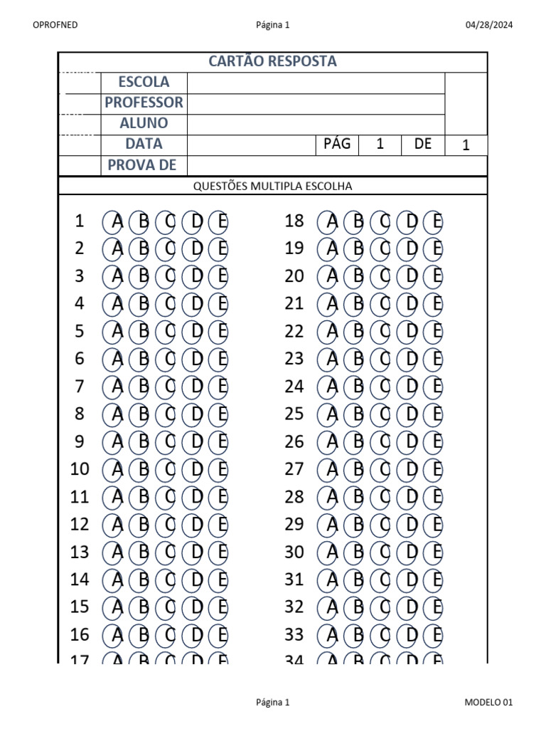 modelo de cartÃ£o de resposta | PDF