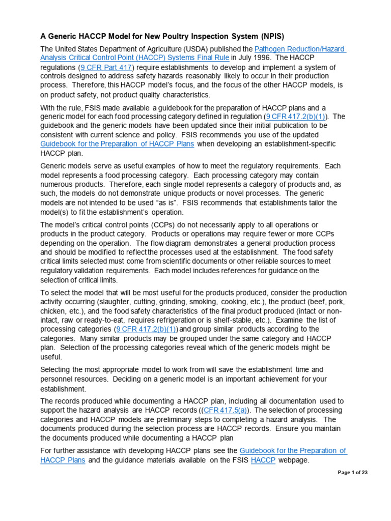 HACCP Model for Poultry Inspection | PDF | Hazard Analysis And Critical ...