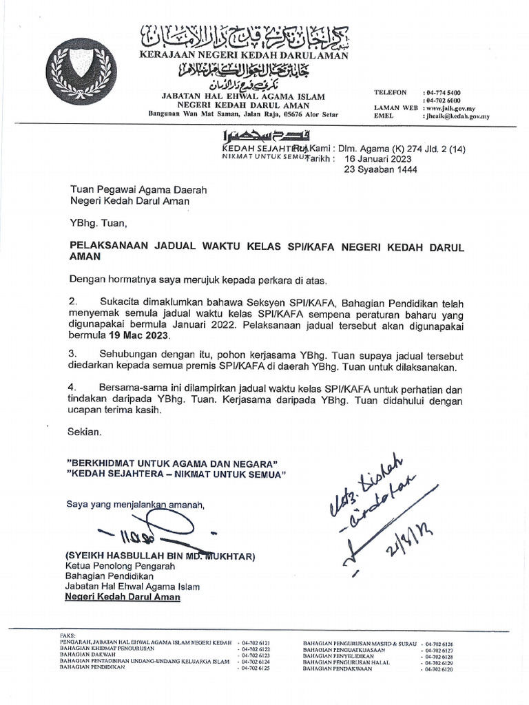 Surat Jadual Waktu KAFA 2023 | PDF