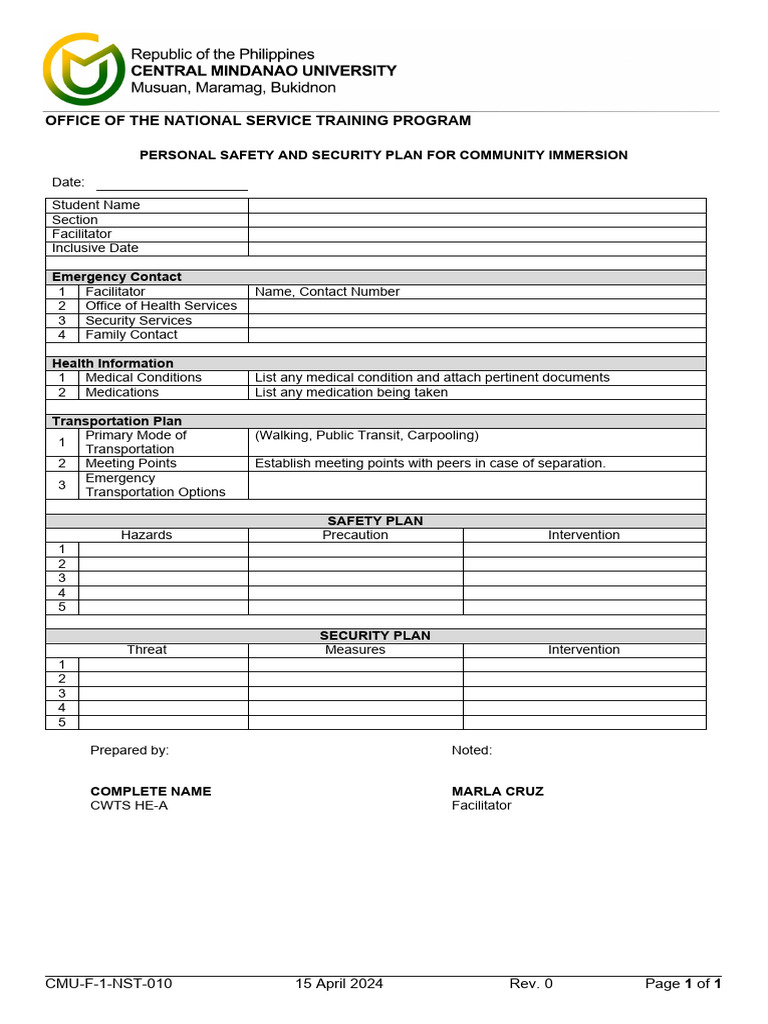 Community Immersion Safety Plan | PDF | Science & Mathematics