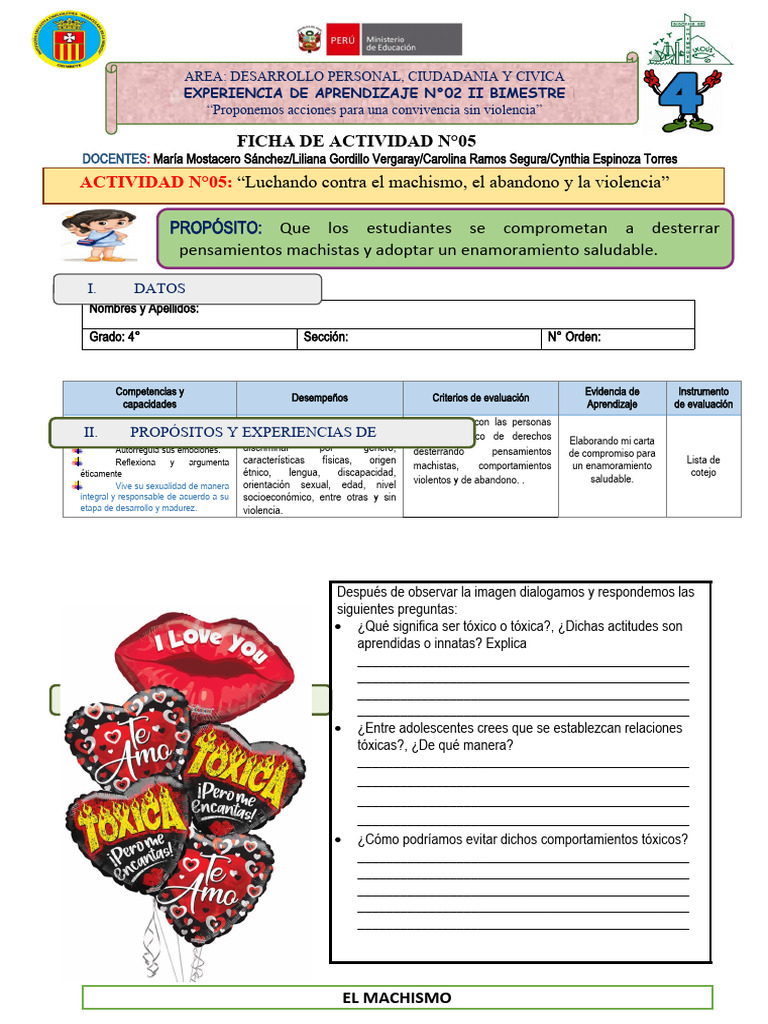 Eda2-4°semana14-Ficha de Aprendizaje 5-Dpcc-Im | PDF | Machismo | Estereotipos