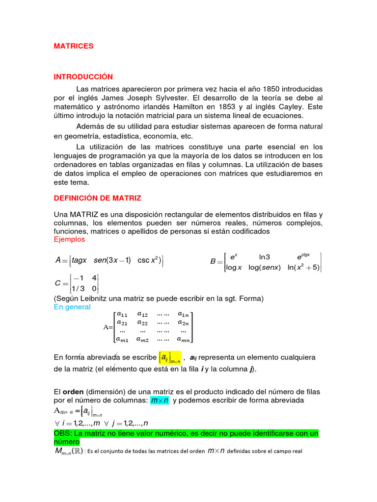 Matrices. Teoria | Descargar gratis PDF | Matriz (Matemáticas) | Objetos matemáticos