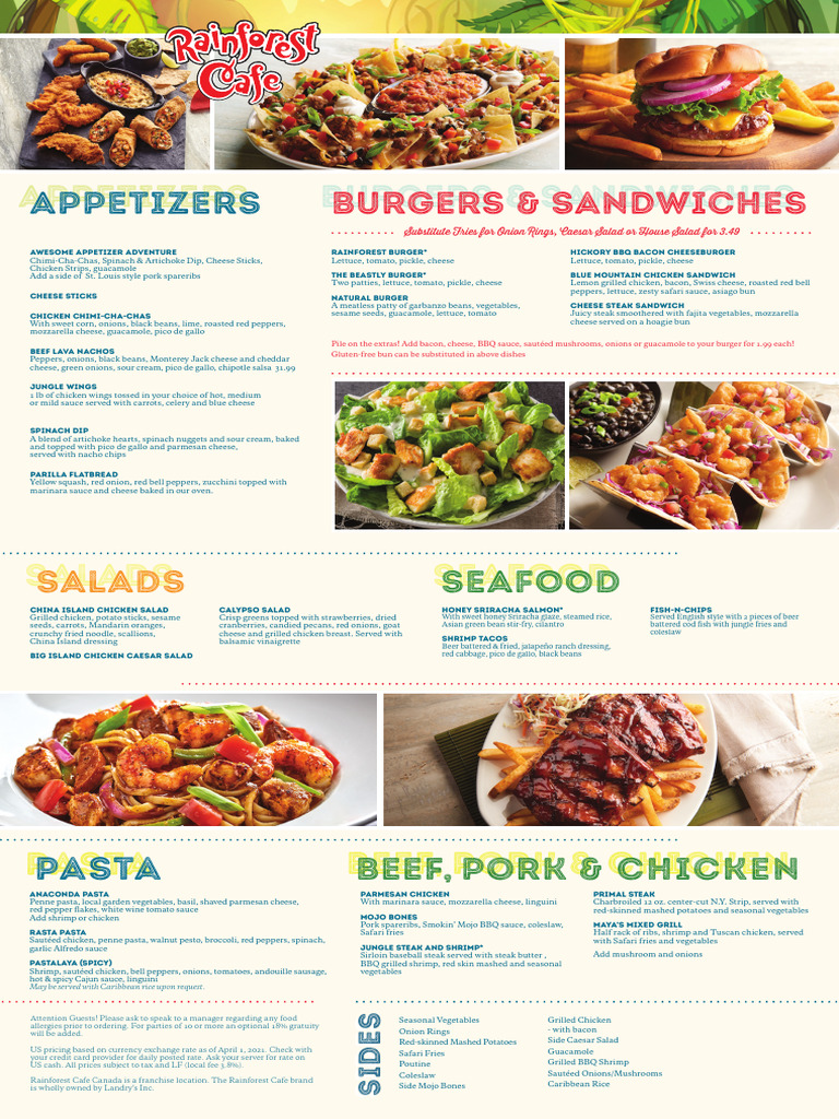 Rainforest Cafe Niagara Falls Dinner Menu | PDF | Hamburgers | Salad