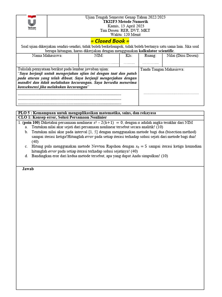 UTS Metode Numerik Genap 2022-2023 | PDF