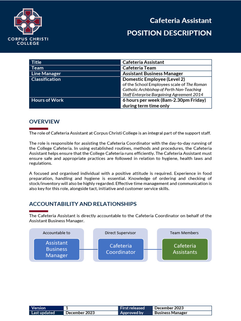 Cafeteria Assistant Job Overview | PDF | Food Safety | Cafeteria