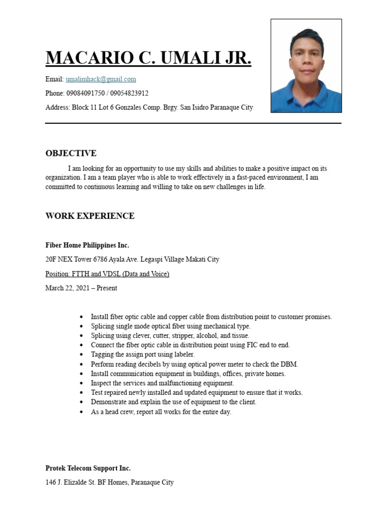 Umali Resume 2024 | PDF | Fiber To The X | Optical Fiber