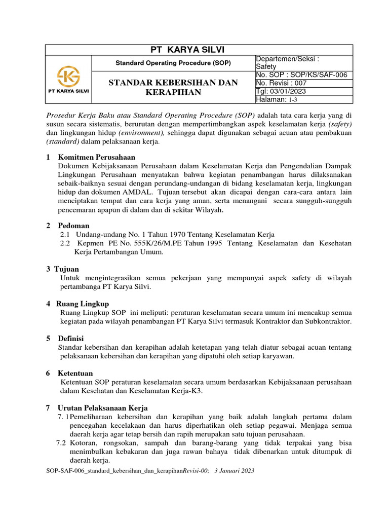 SOP-SAF-006 Standard Kebersihan Dan Kerapihan | PDF