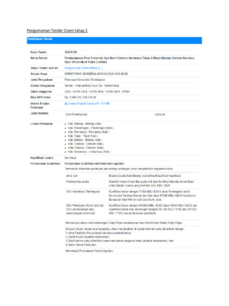 Pengumuman Tender Cisem Tahap 2 | PDF