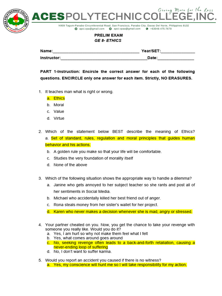 Ethics - Answer Key Prelim Exam | PDF | Morality