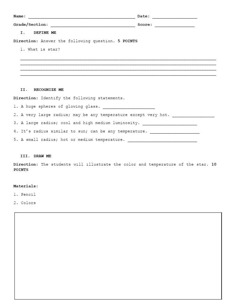 Star Characteristics Worksheet | PDF