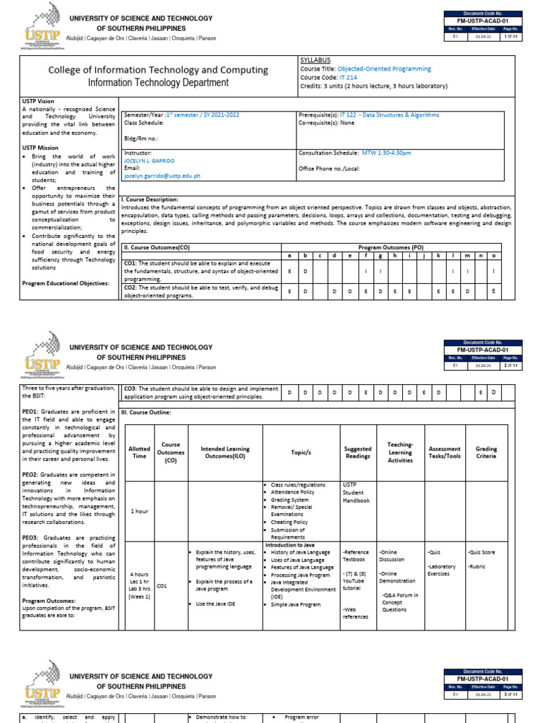 IT-214 OOP Syllabus 1st-SY21-22 | PDF | Inheritance (Object Oriented Programming) | Class ...