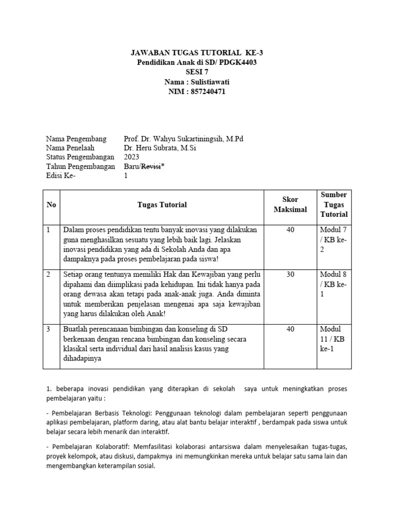 Tugas Tutorial 3 Pendidikan Anak Di SD | PDF | Karier & Perkembangan ...
