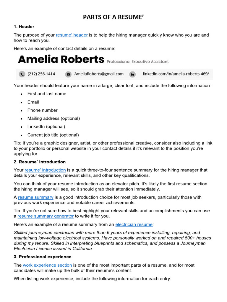 PARTS OF A RESUME | PDF | Résumé