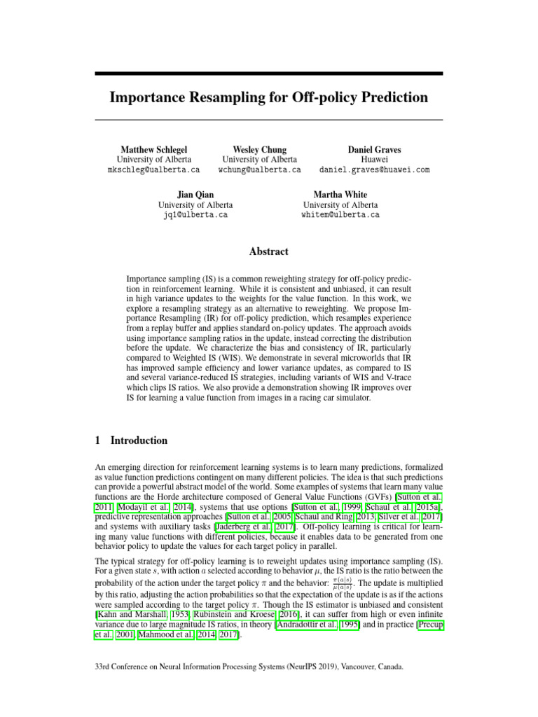 NeurIPS 2019 Importance Resampling For Off Policy Prediction Paper | Download Free PDF ...