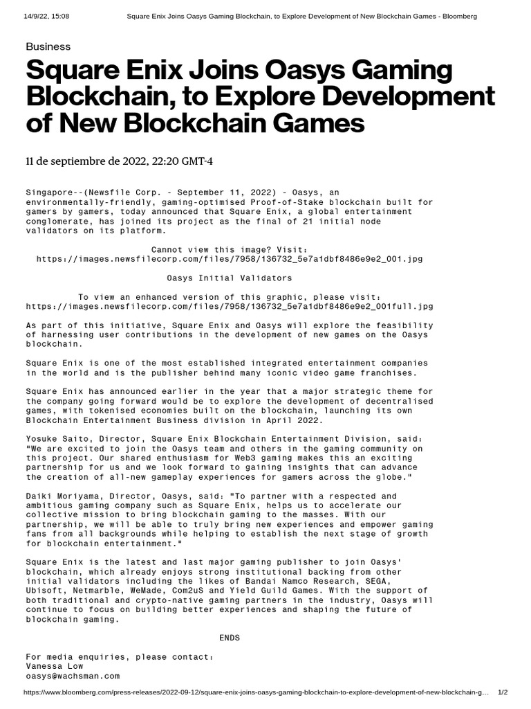 Square Enix Joins Oasys Gaming Blockchain, To Explore Development of New Blockchain Games ...