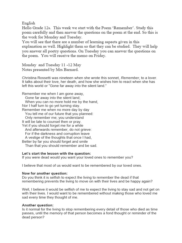 Analysis of Rossetti's "Remember" Poem | PDF | Metre (Poetry) | Poetry