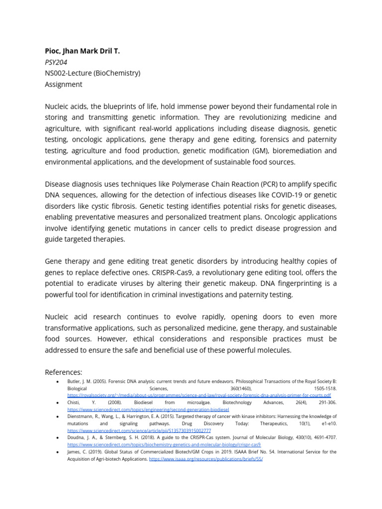 Nucleic Acid - Assignment | PDF | Genetic Engineering | Genetic Disorder