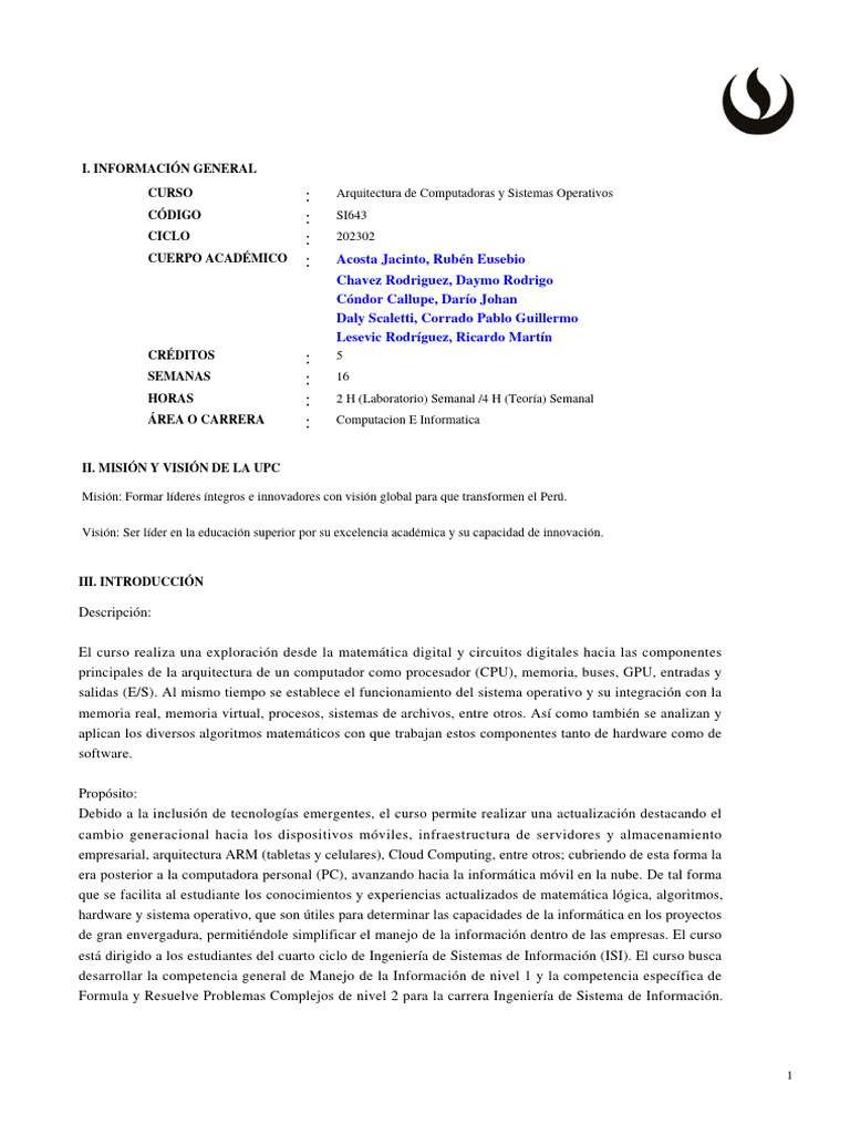 SI643 Arquitectura de Computadoras y Sistemas Operativos 202302 ...