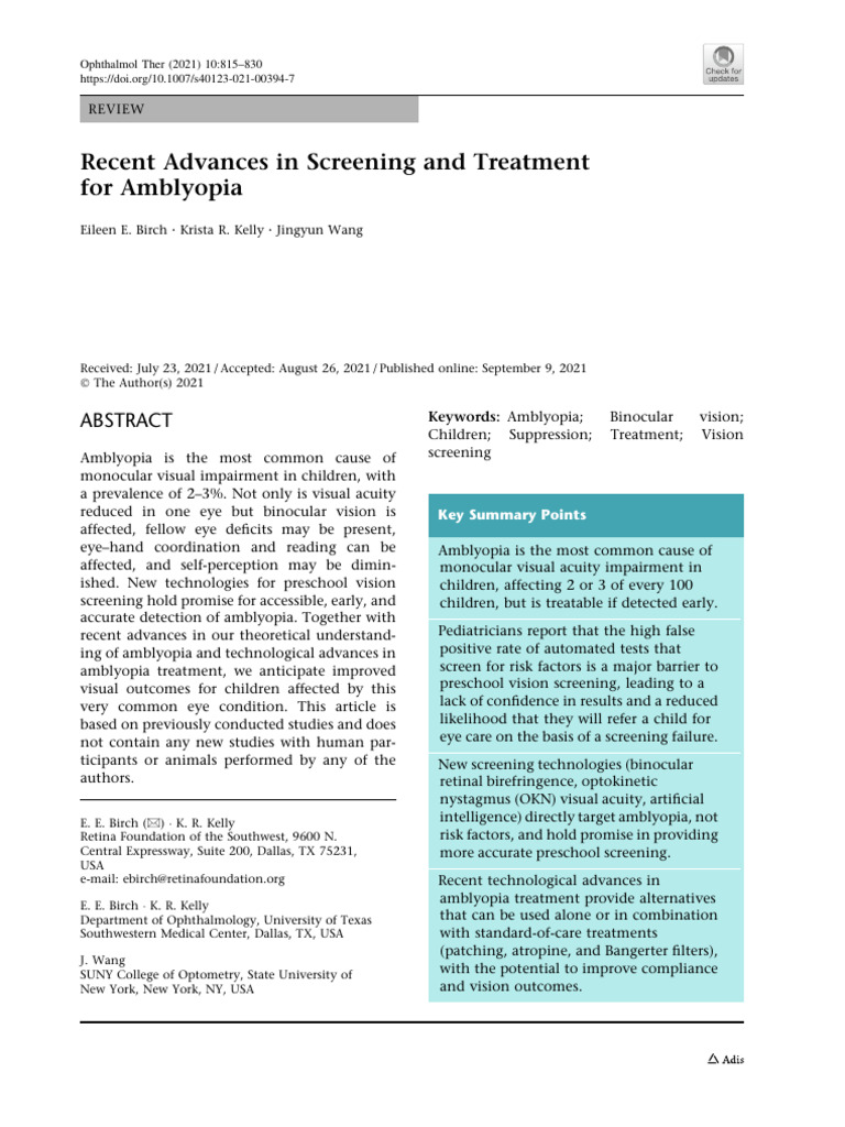 Recent Advances in Screening and Treatment For Amblyopia: Eileen E ...