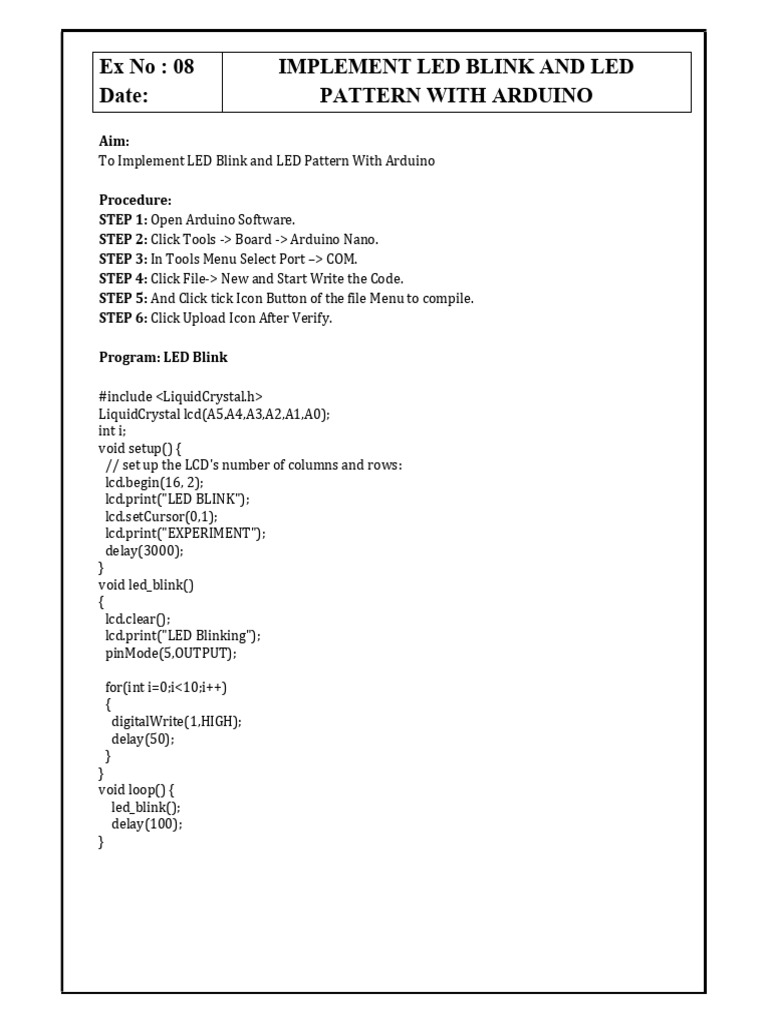 Ex No: 08 Date: Implement Led Blink and Led Pattern With Arduino | PDF ...