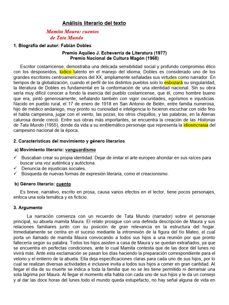 Análisis literario del texto. Mamita Maura xd | PDF