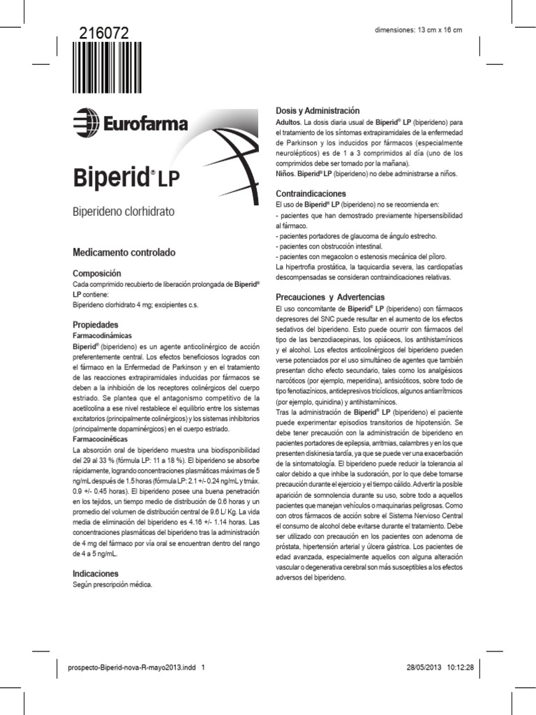 Prospecto Biperideno Eurofarma | PDF | Benzodiazepinas | Antidepresivo