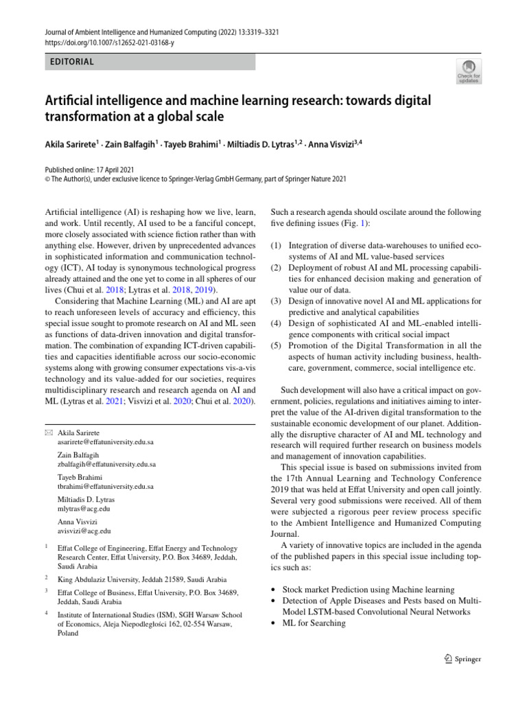 Artificial Intelligence and Machine Learning Research: Towards Digital Transformation at A ...