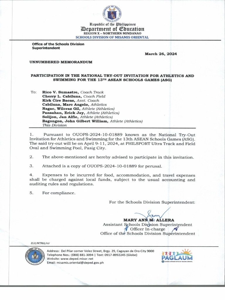 Participation in The National Try-Out Invitation For Athletics and ...