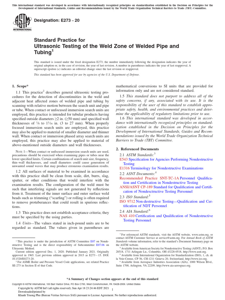 ASTM E273-20 Standard Practice For Ultrasonic Testing of The Weld Zone ...