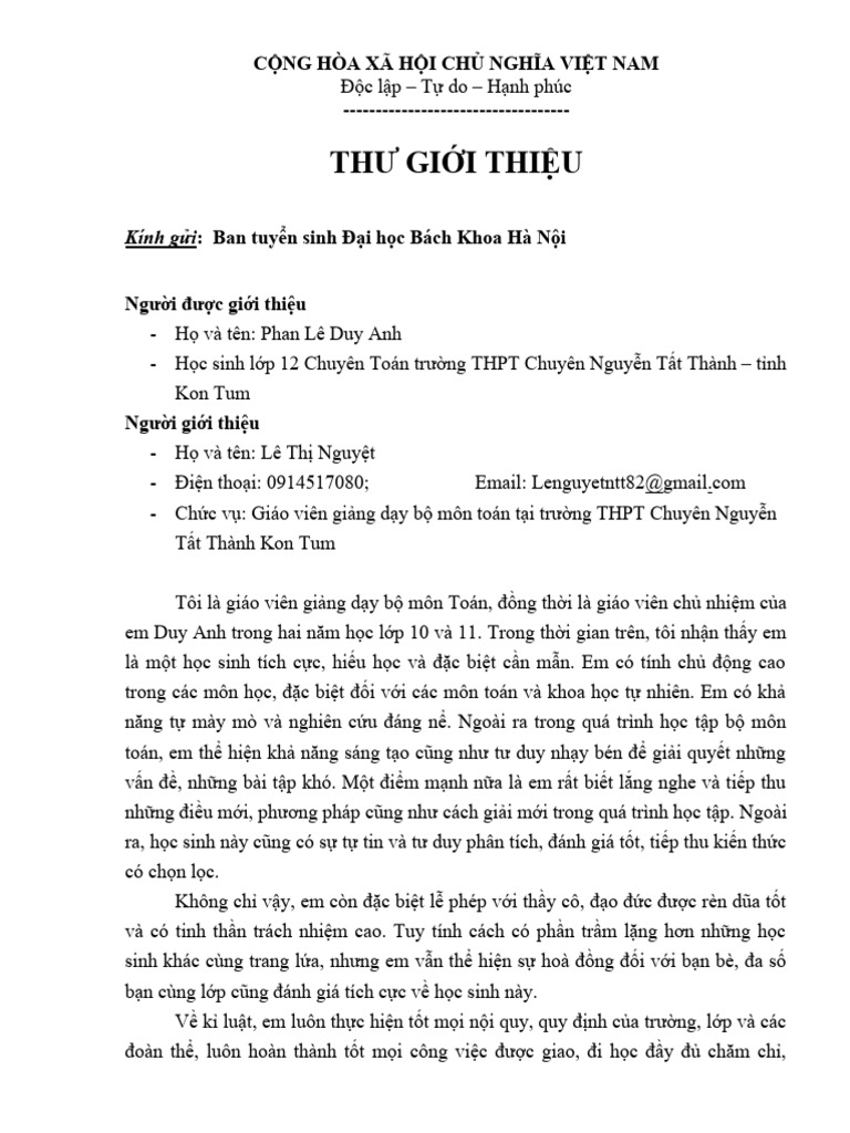 Mau Thu Gioi Thieu Cua Giao Vien | PDF