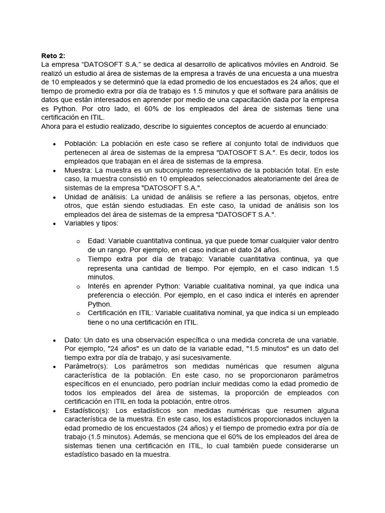Semana 01 - Tema 02 Tarea - Ejercicio Reto 2 | PDF | Estadísticas | Matemáticas Aplicadas