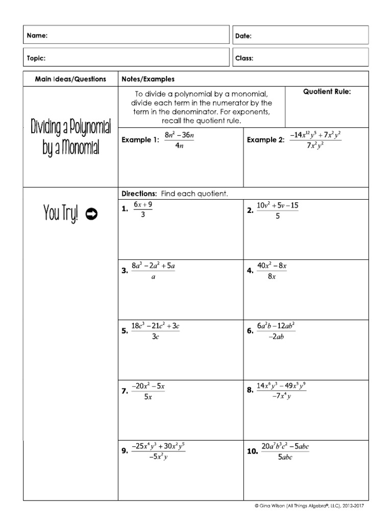 Dividing Polynomials by Monomials Notes Pages and HW | PDF