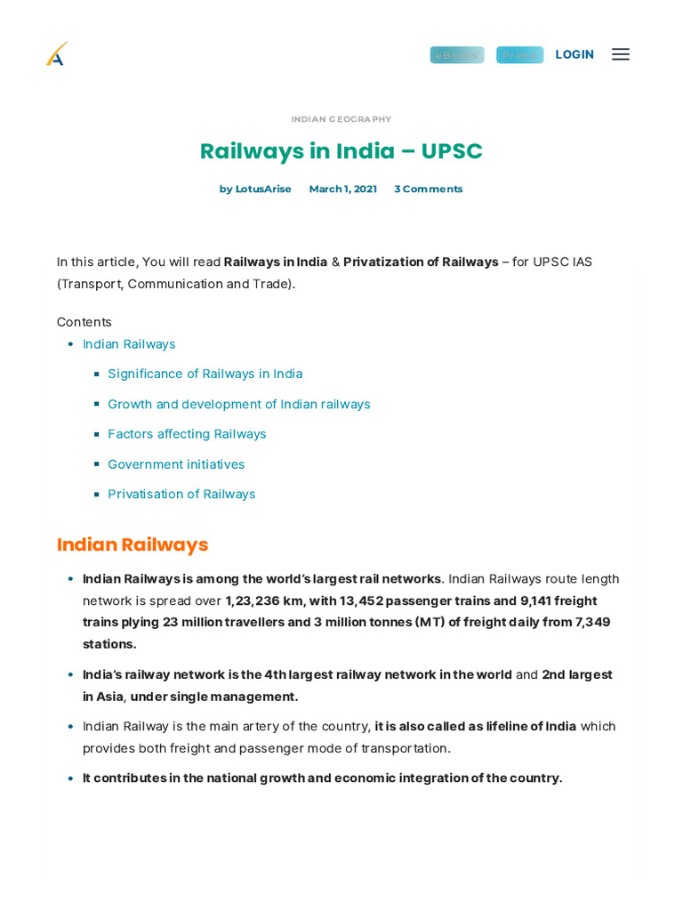 Railways in India - UPSC - UPSC Notes LotusArise | PDF | Rail Transport ...