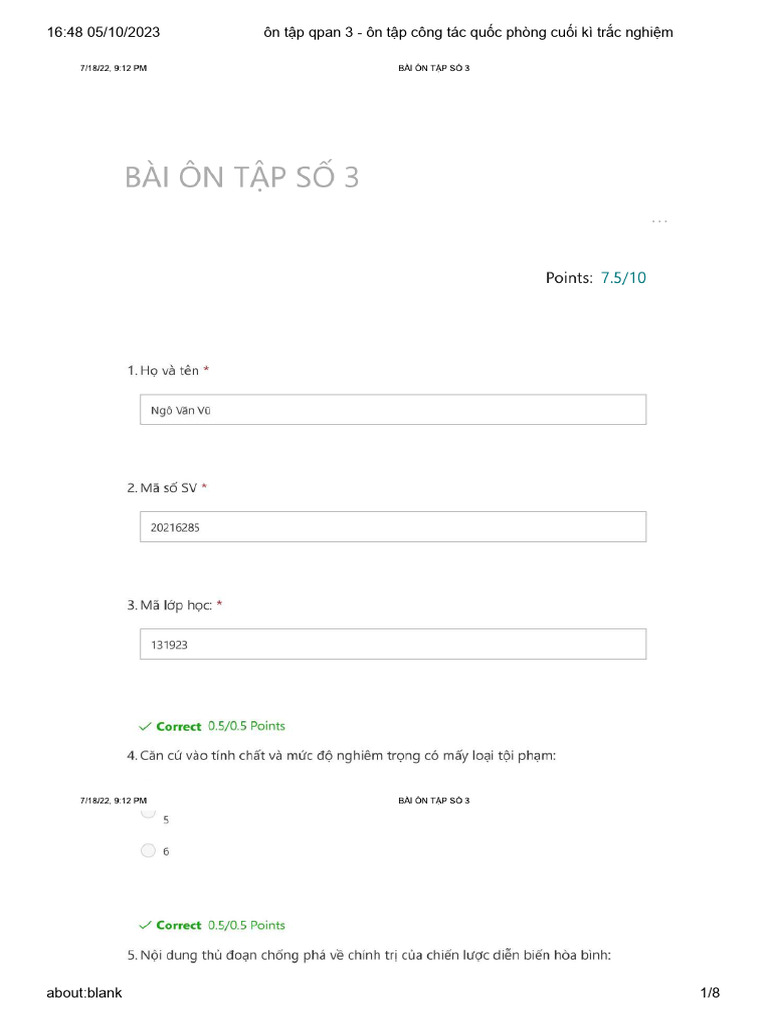 ôn tập qpan 3 ôn tập công tác quốc phòng cuối kì trắc nghiệm | PDF