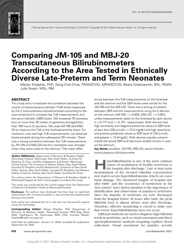 Comparing JM-105 and MBJ-20 Transcutaneous Bilirubinometers According ...