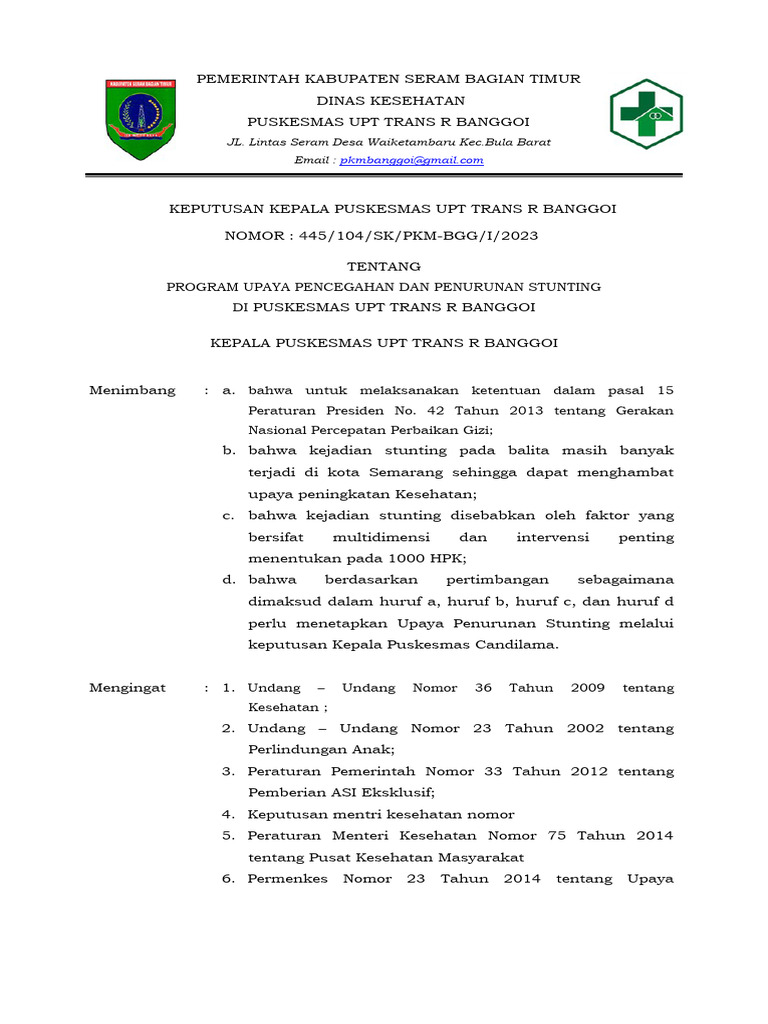 SK Program Upaya Pencegahan Dan Penurusan Stunting | PDF