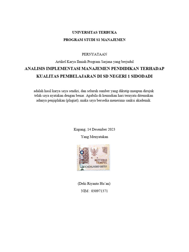 Lembar Pernyataan Bebas Plagiasi UT | PDF