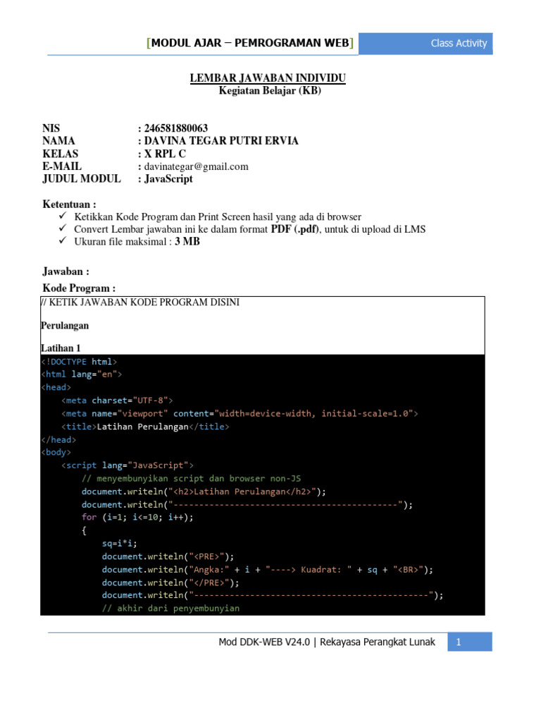10 - Davina Tegar Putri Ervia - X RPL C Modul JavaScript | PDF | Komputer