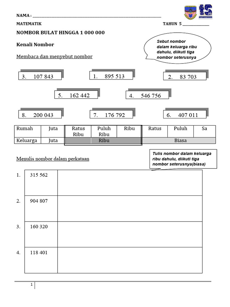 Lembaran Kerja Nombor Bulat Matematik Tahun 5 2024 Pdf