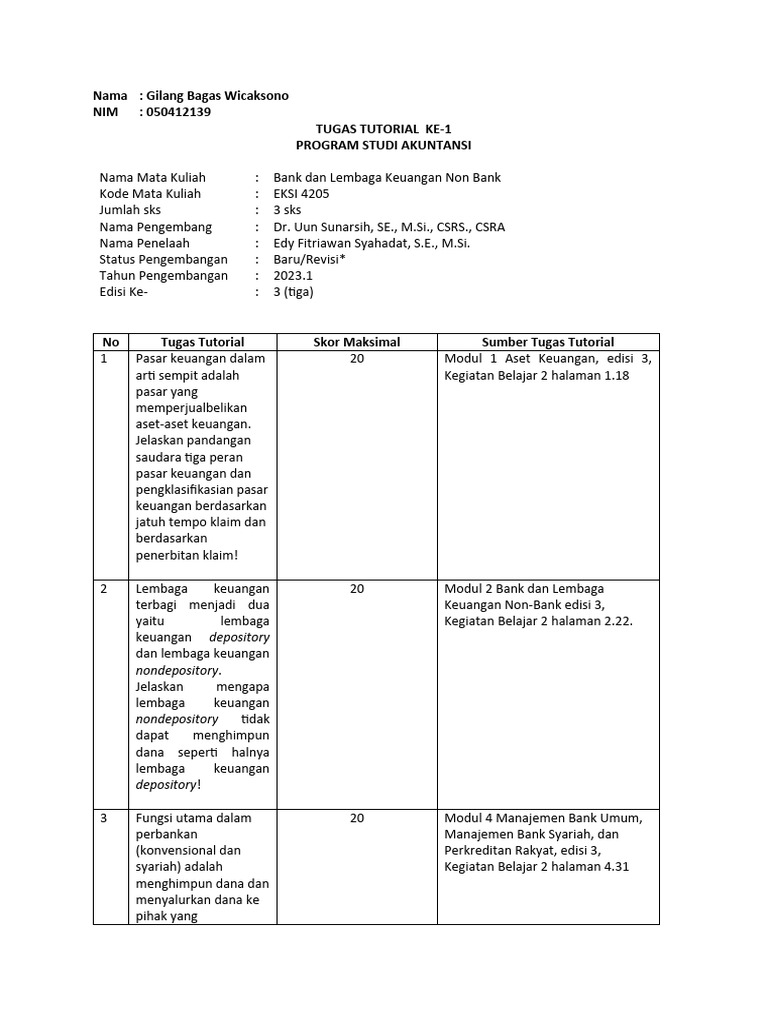 TUGAS TUTORIAL KE 1 Bank Dan Lembaga Keuangan Non Bank | PDF ...