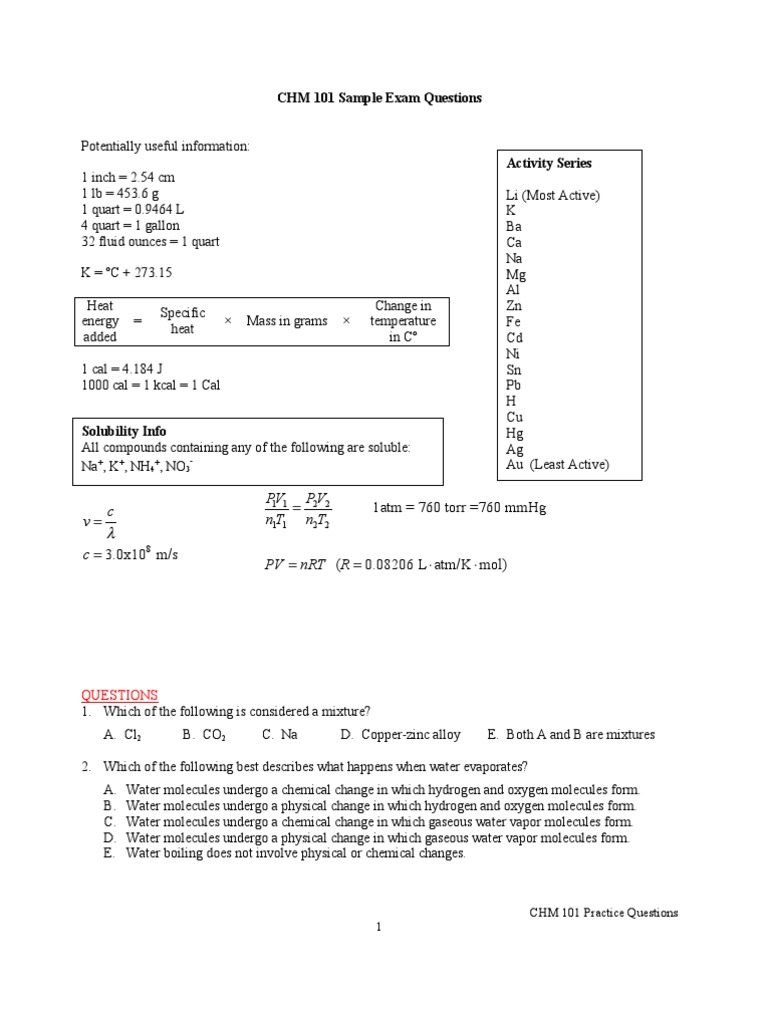 CHM 101 Practice Exam 1 | PDF | Atoms | Mole (Unit)