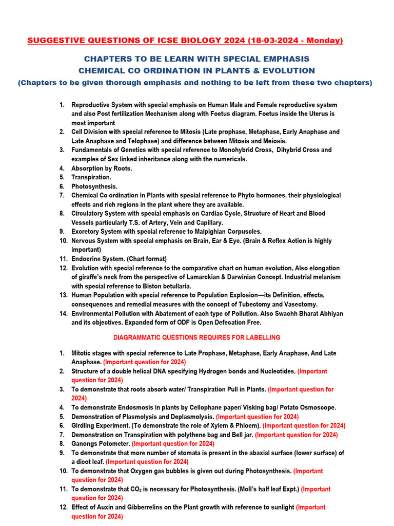 Suggestive Questions of Icse 2024 Biology | PDF | Autonomic Nervous ...