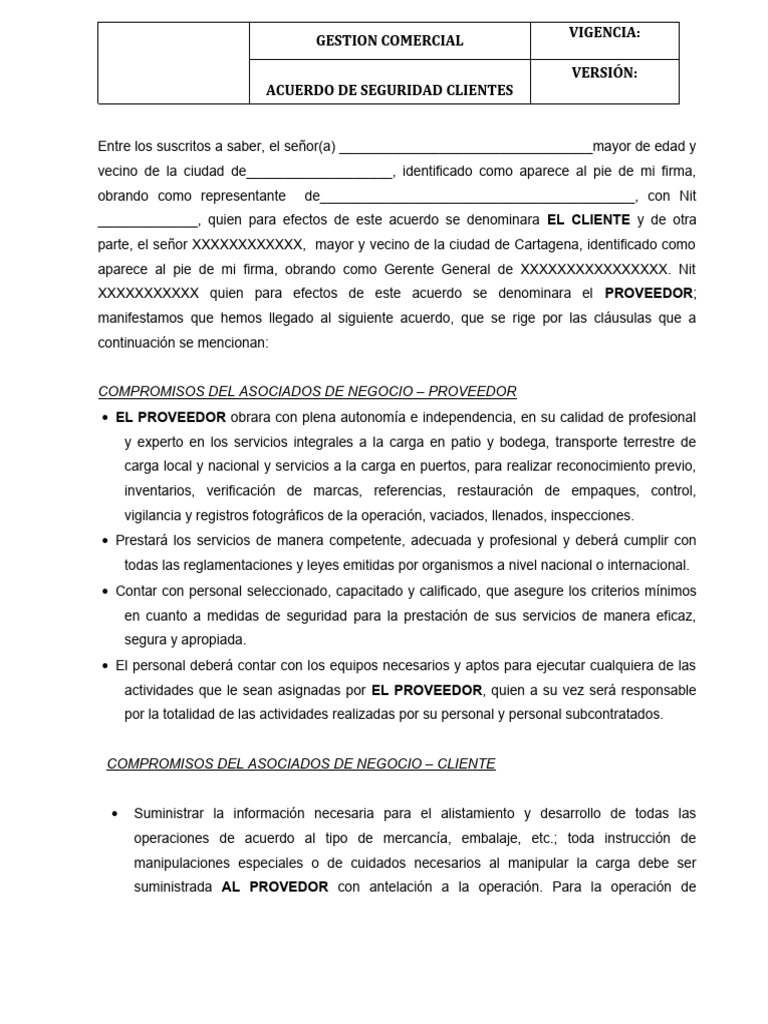 FORMATO ACUERDO DE SEGURIDAD CLIENTES | PDF