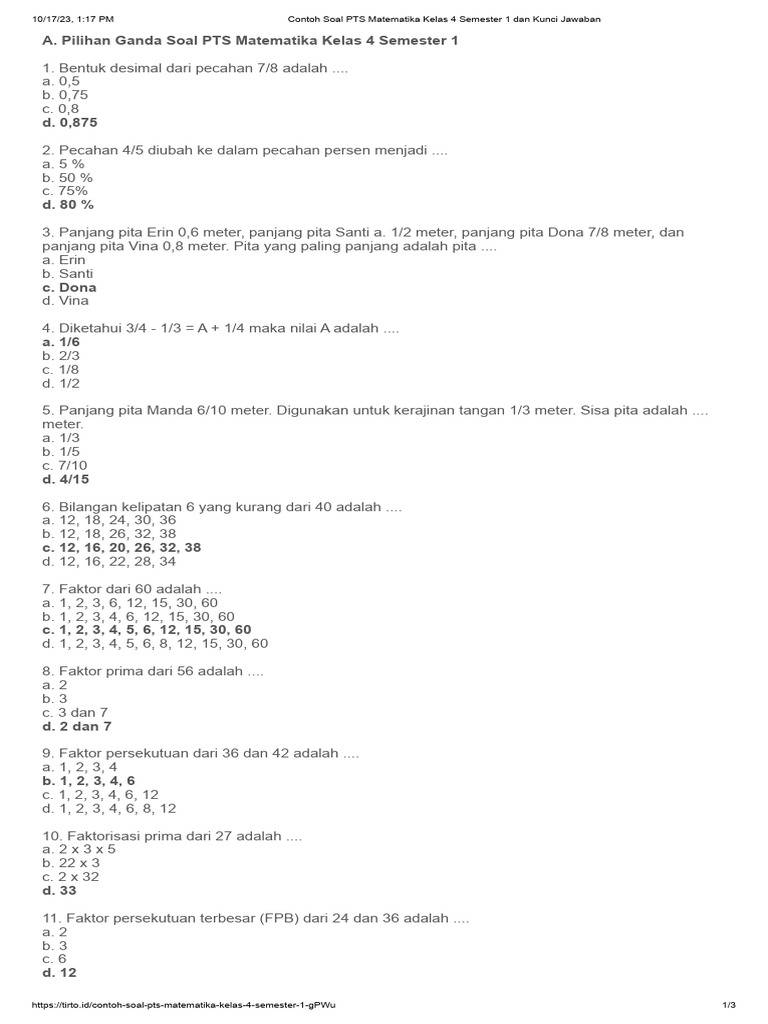 Contoh Soal PTS Matematika Kelas 4 Semester 1 Dan Kunci Jawaban | PDF